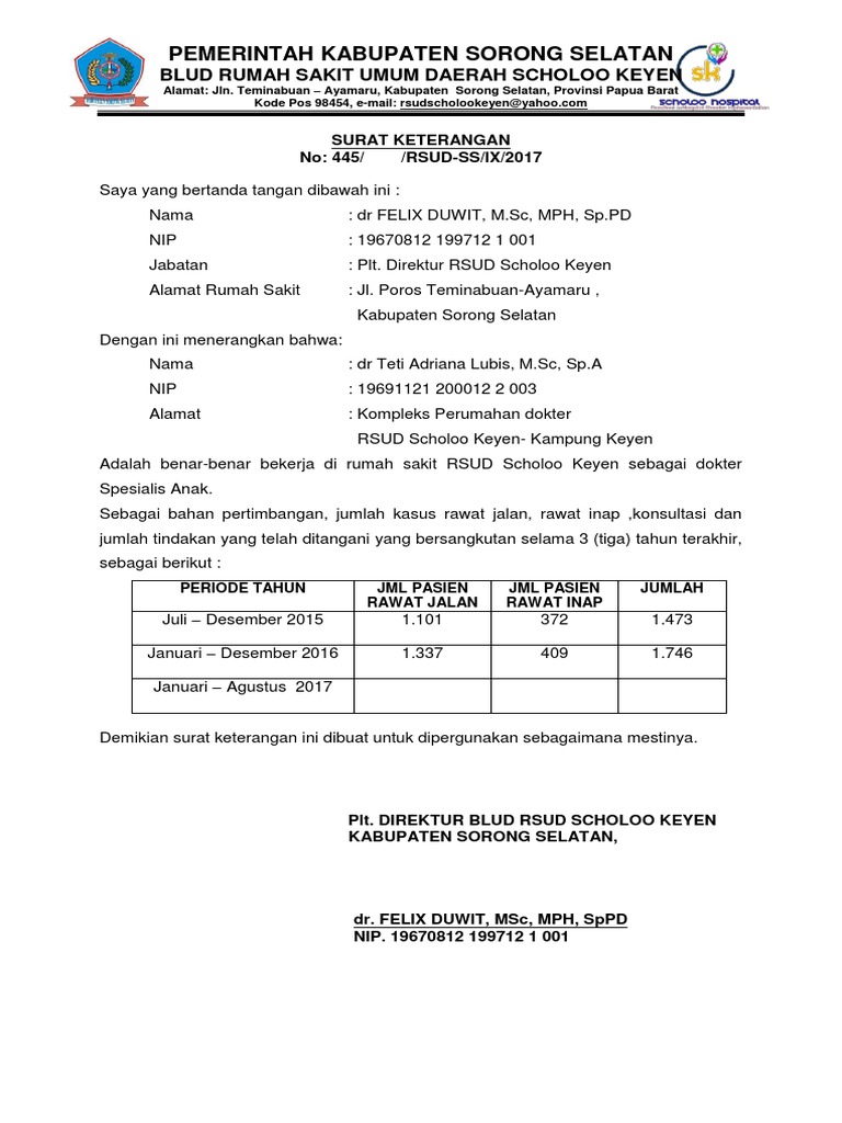 Surat Keterangan Kerja Dokter Spesialis Anak di RSUD Scholoo Keyen | PDF