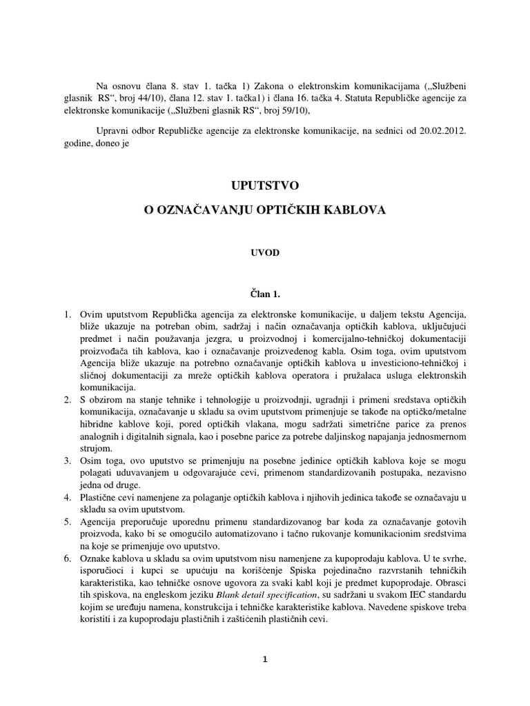 Uputstvo o Oznacavanju Optickih Kablova PDF | PDF