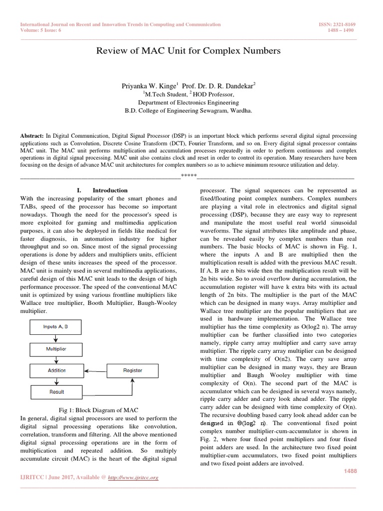 Review of MAC Unit For Complex Numbers | PDF | Digital Signal ...
