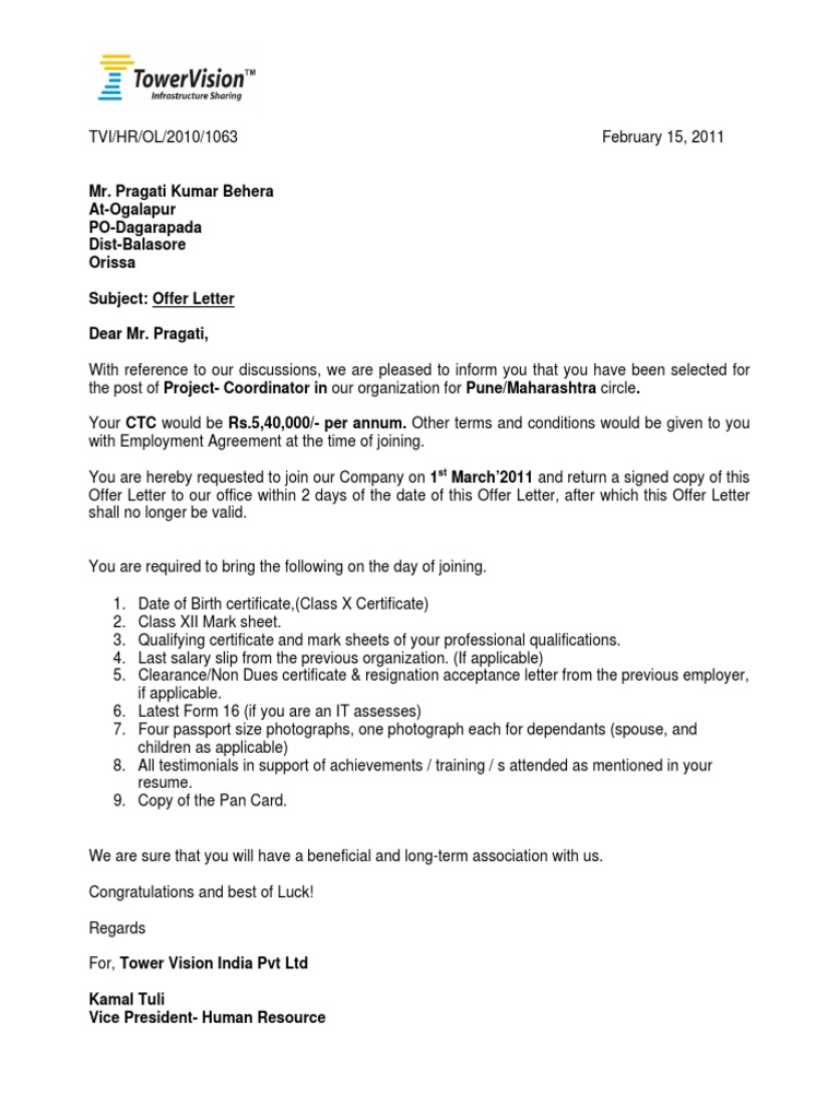 Offer - Letter-Pragati - Kumar - Behera - Pdf-Tower Vision PDF | PDF