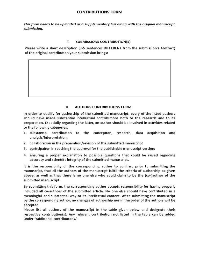 Contributions Form: This Form Needs To Be Uploaded As A Supplementary ...