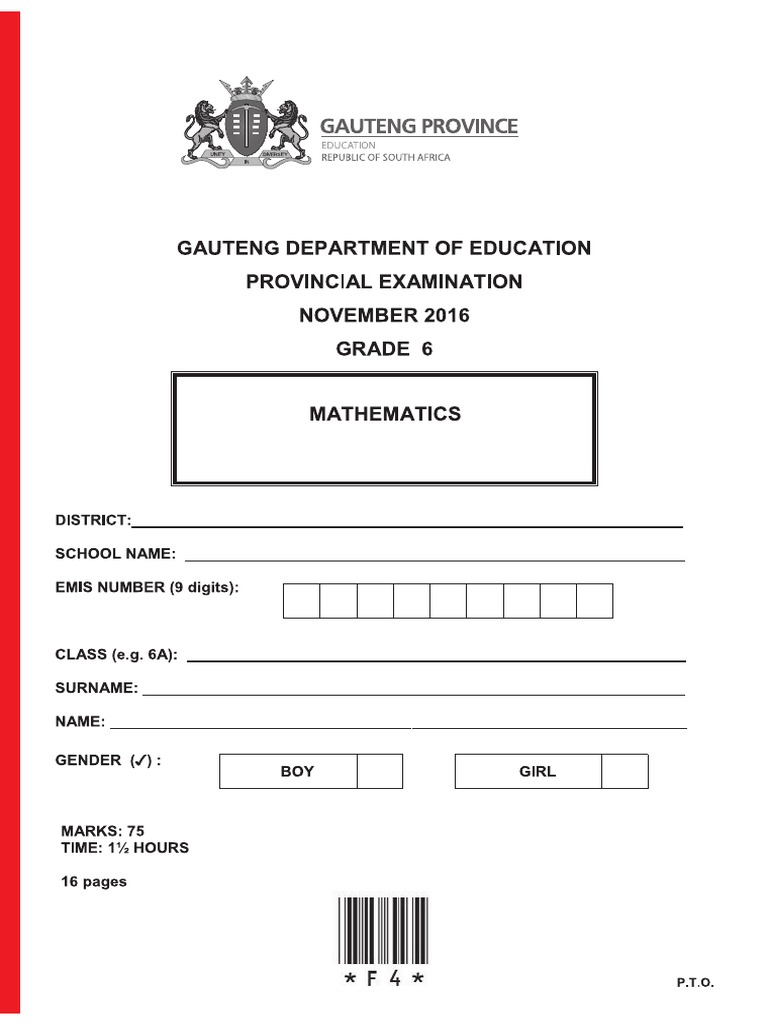 Grade 6 Mathematics Exam - November 2016