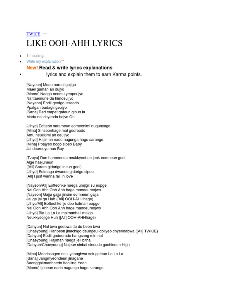 Like Ooh-Ahh Lyrics: Read & Write Lyrics Explanations | PDF