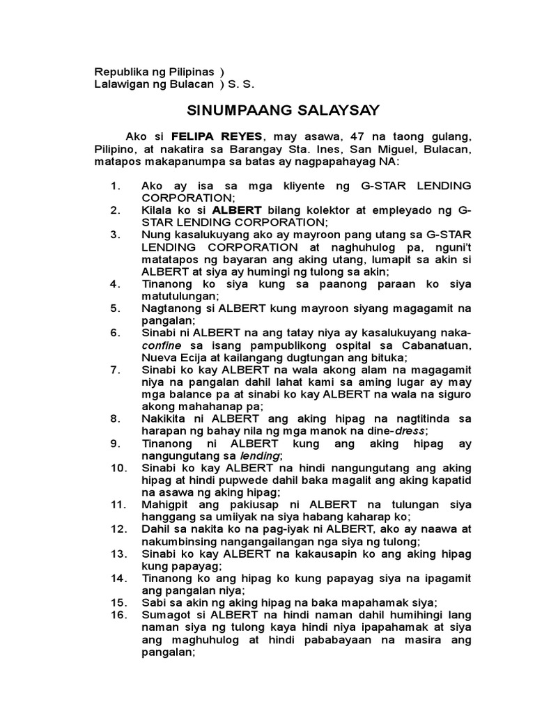 Sinumpaang Salaysay - Felipa Reyes | PDF