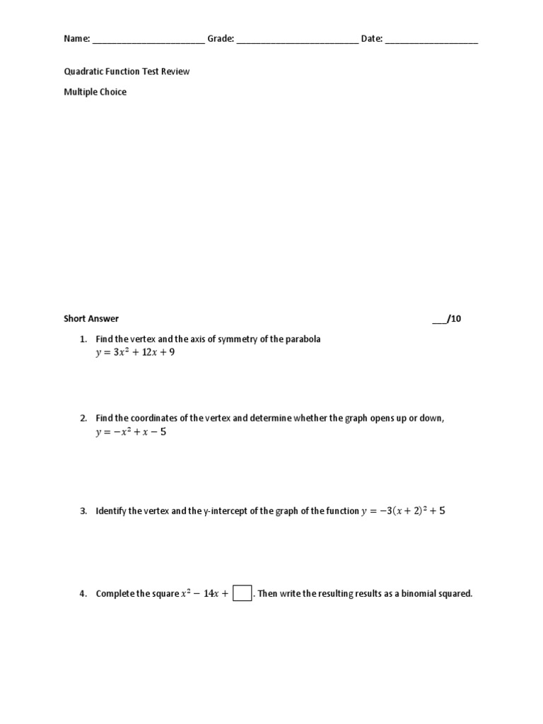 Quadratic Function Test Review | PDF | Teaching Methods & Materials