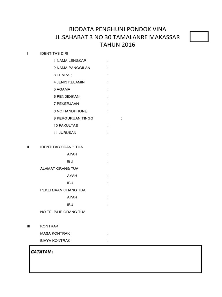 Biodata Penghuni Pondok Vina | PDF