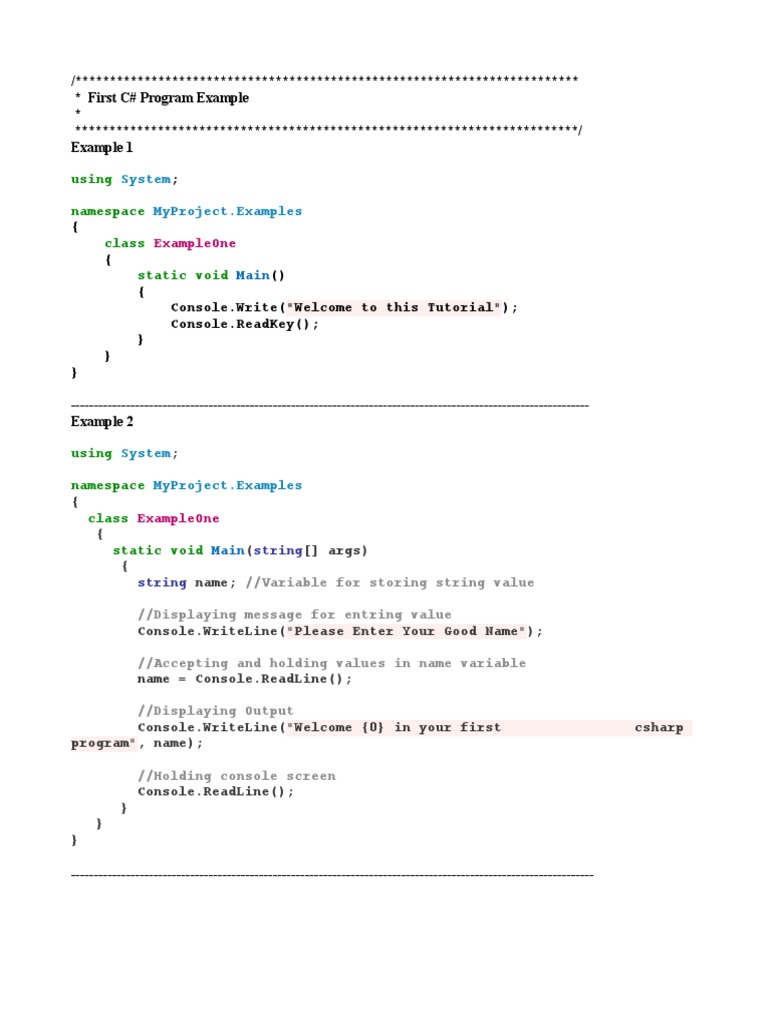 System Myproject Examples Using Namespace Class Static Void Pdf 