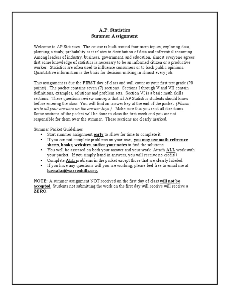 AP Statistics Summer Assignment 2010 | Download Free PDF | Statistics ...