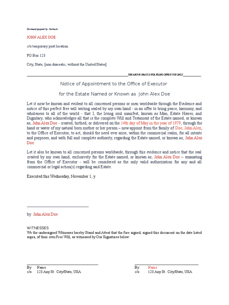 Executor Appointment Notice for Estate | PDF