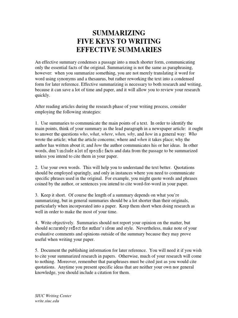 Summarizing Five Keys To Writing Effective Summaries: SIUC Writing Center Write - Siuc.edu | PDF ...