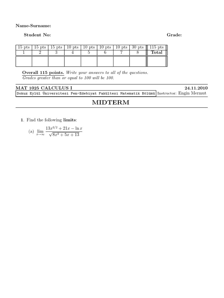 Midterm MAT1025 Calculus I 2010g | PDF | Derivative | Trigonometric Functions
