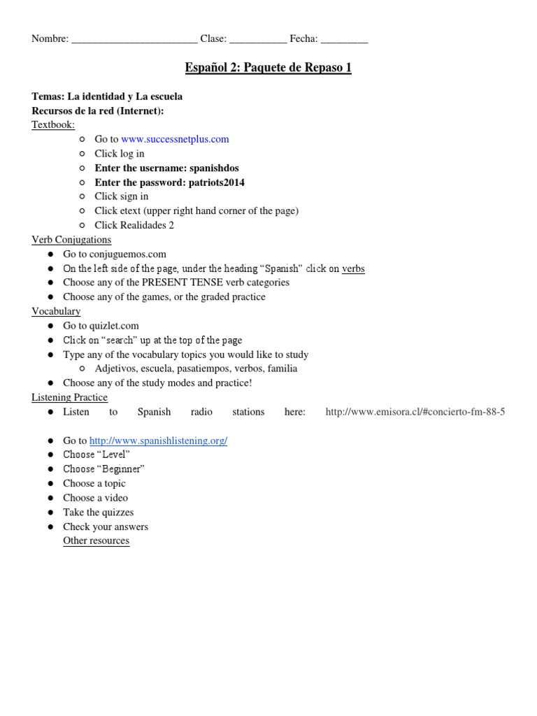 Spanish 2 Reviewpacketquarter 1 | PDF | Grammatical Conjugation | Verb