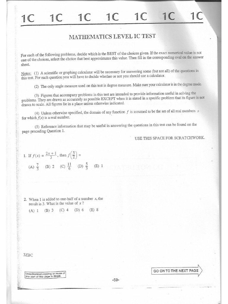 Collegeboard SAT Mathematics Level 1 - Form 3ZBC PDF | PDF