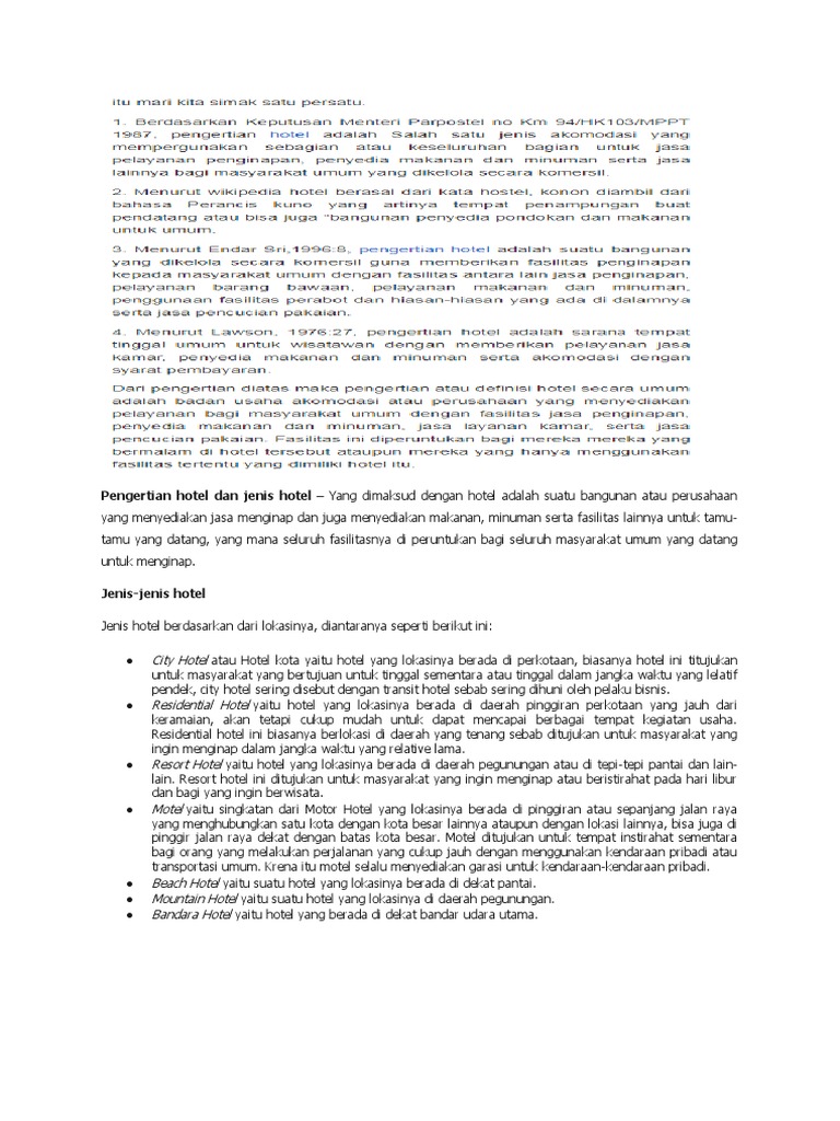 Pengertian Hotel Dan Jenis Hotel | PDF
