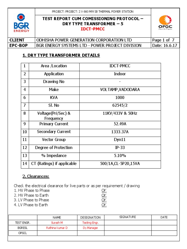 Test Report Cum Comissioning Protocol - Dry Type Transformer - 5 | PDF ...