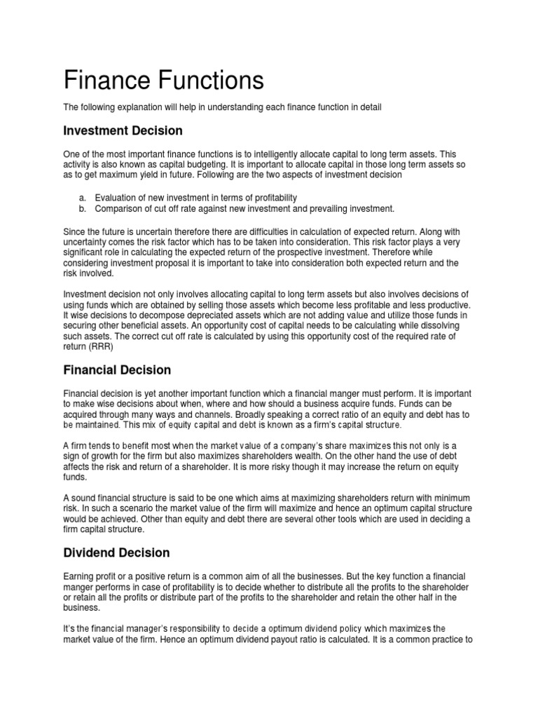 Finance Functions | PDF | Financial Capital | Investing