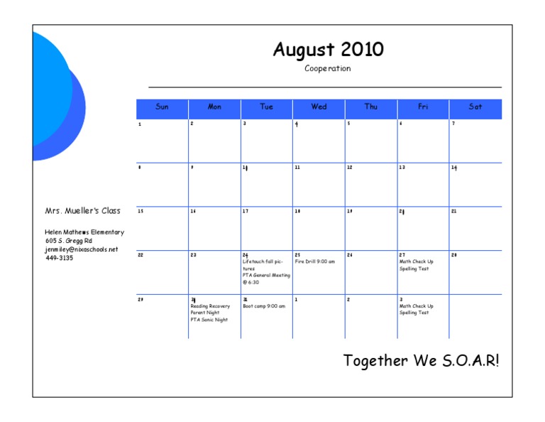 August 2010 Events at Helen Mathews Elementary | PDF