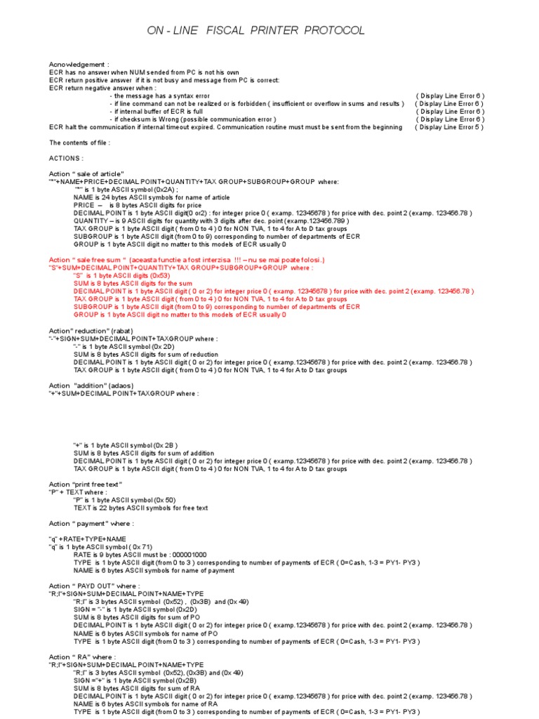 Fiscal Printer Protocol Guide | PDF | Byte | Ascii