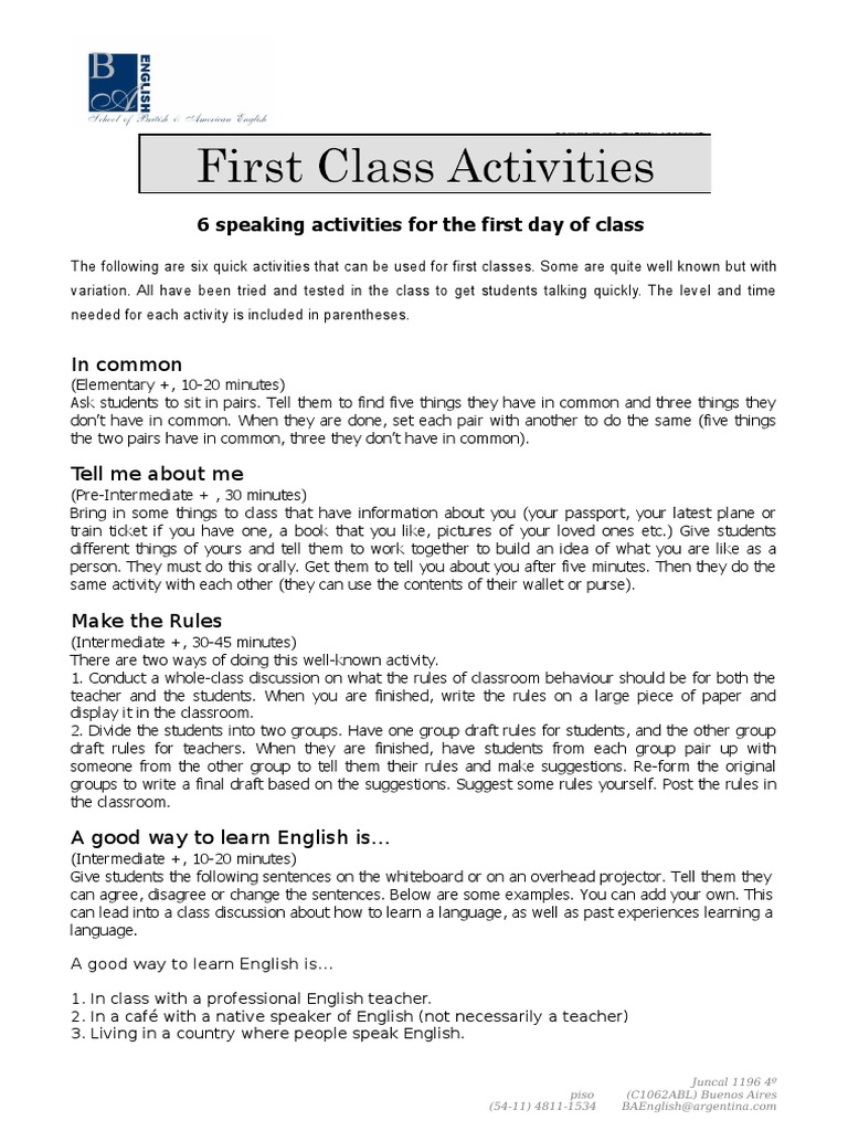 First Class Activities | PDF | Classroom | English Language