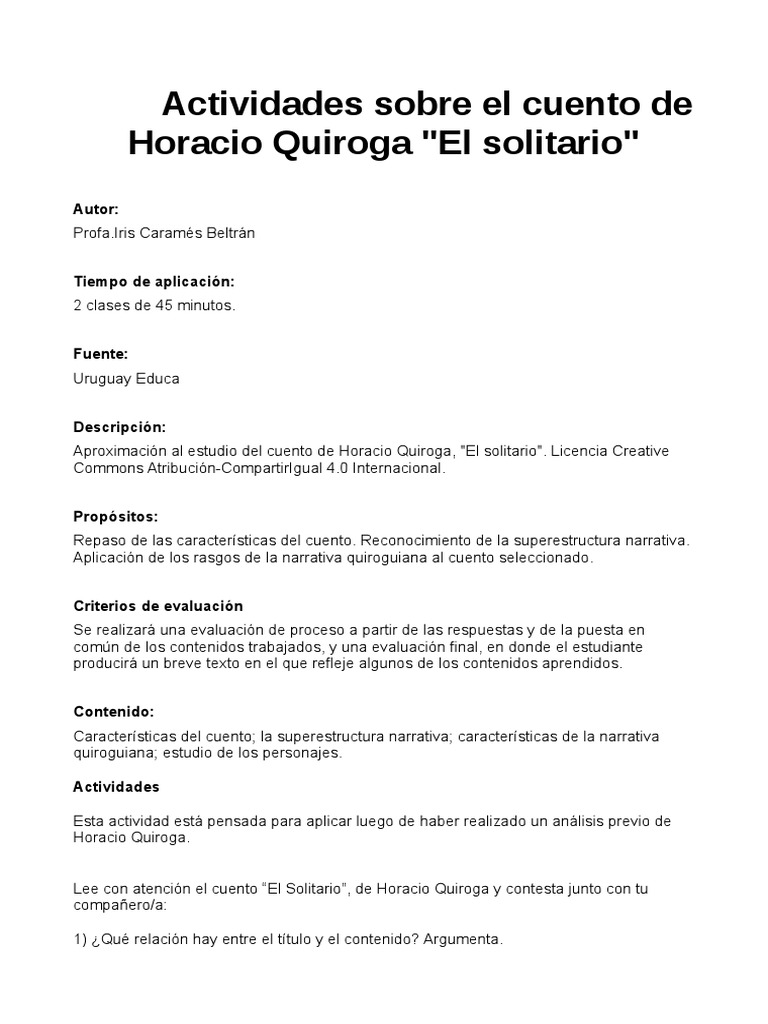 Actividades sobre "El Solitario" de Quiroga | PDF | Cuentos | Narrativa