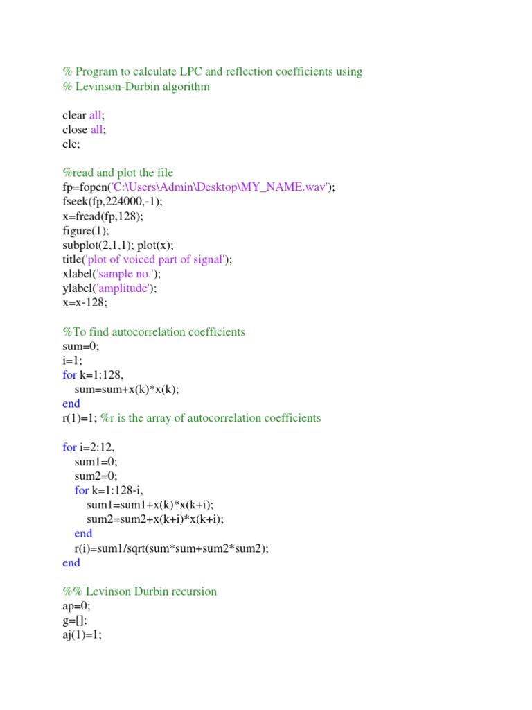 All All: % Program To Calculate LPC and Reflection Coefficients Using ...