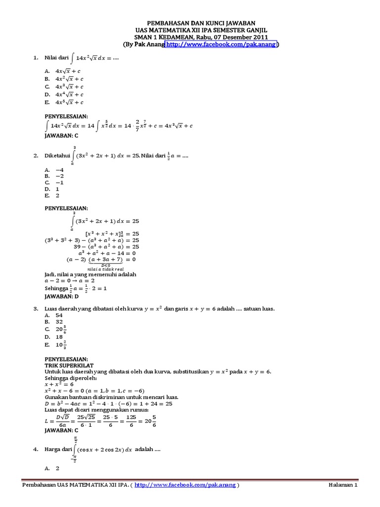 Pembahasan Uas Matematika Xii Ipa Semester Ganjil Sman 1 Kedamean | PDF