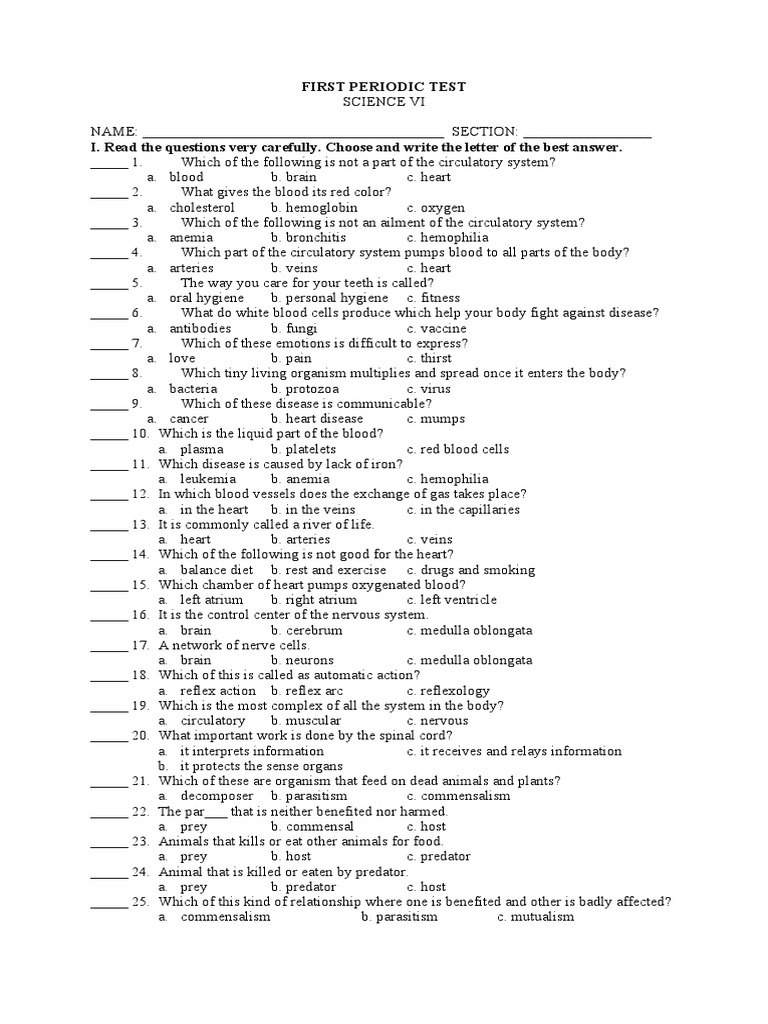 First Periodic Test Science Vi | PDF | Blood | Circulatory System