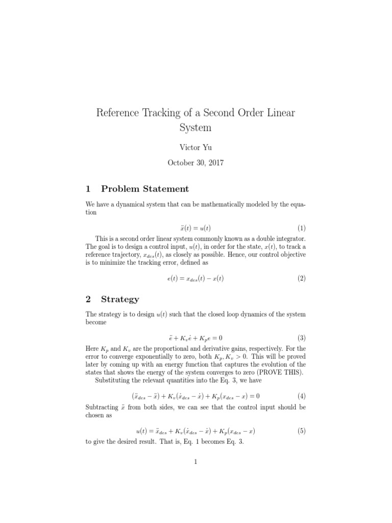 Reference Tracking of A Second Order Linear System | PDF