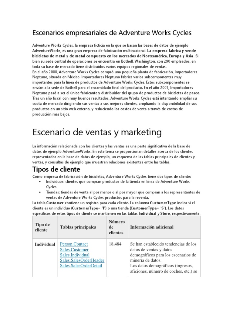 Escenarios Empresariales de Adventure Works Cycles | PDF | SQL | Tabla (base de datos)