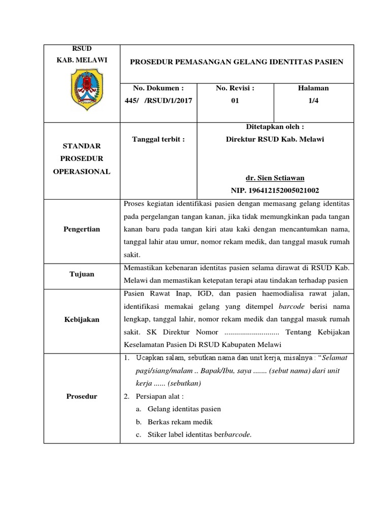 Sop Pemasangan Gelang Identitas Pasien | PDF