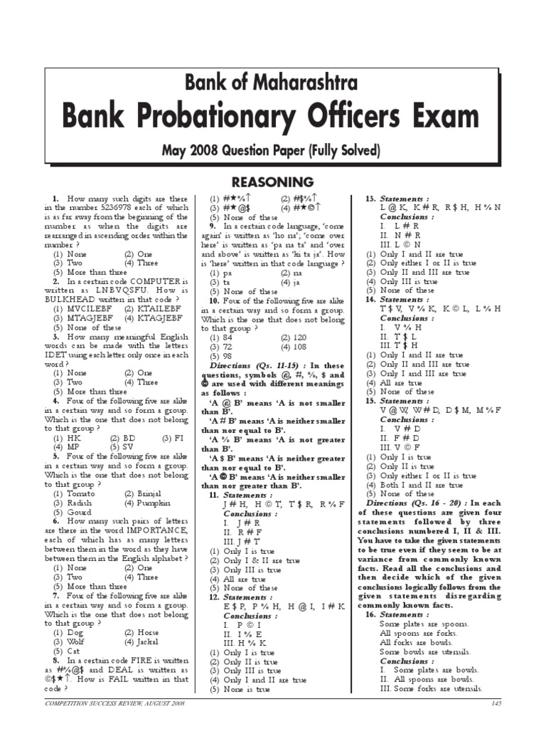 Bank PO Exam Reasoning Questions | PDF