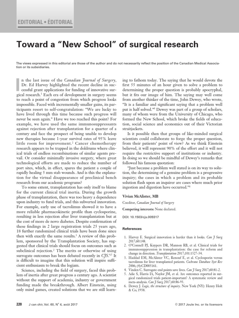 Toward A "New School" of Surgical Research (Canadian Journal of Surgery ...