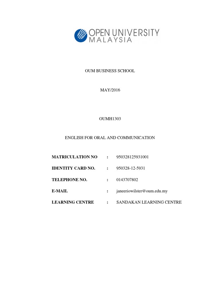 Oum Business School: Matriculation No: Identity Card No.: Telephone No ...