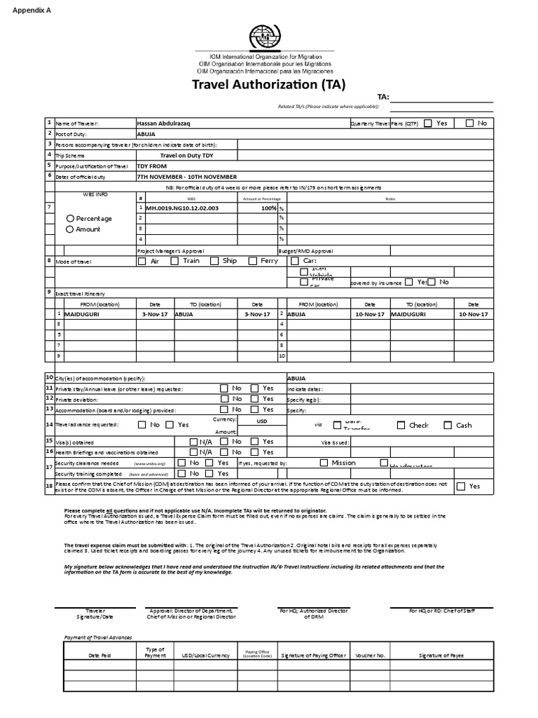 Travel Authorization (TA) : Yes No | PDF | Payments | Employment