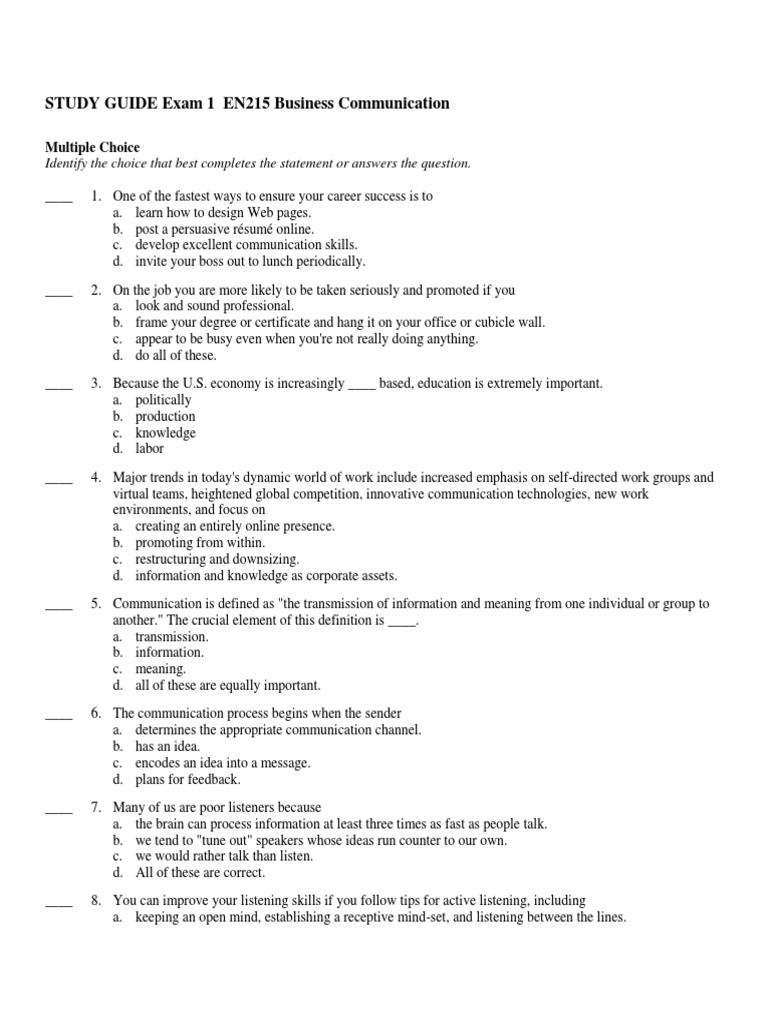 Business Communication Exam Study Guide | PDF | Nonverbal Communication ...