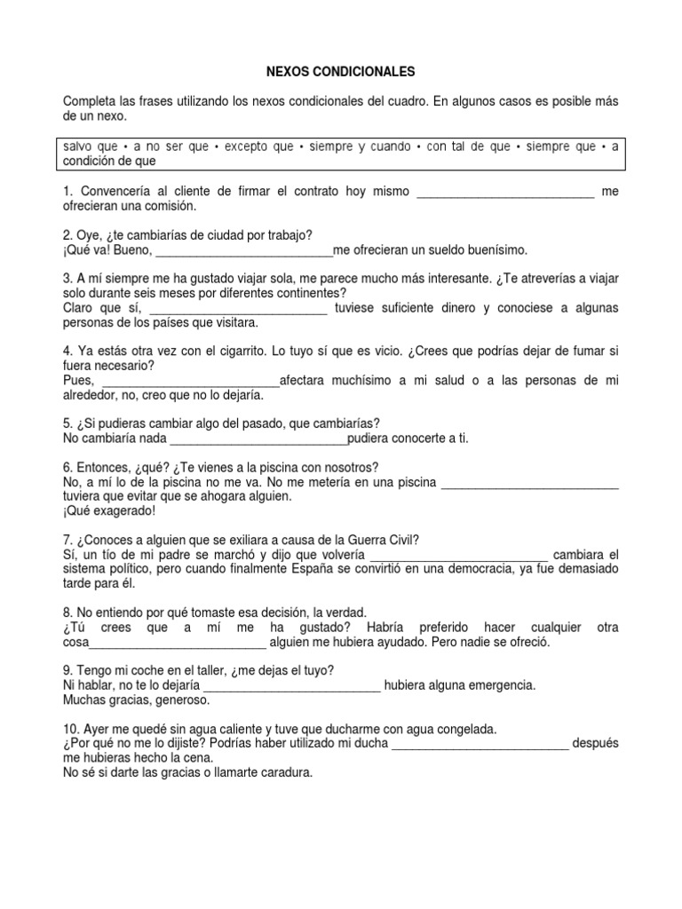 Ejercicios de Nexos Condicionales | PDF
