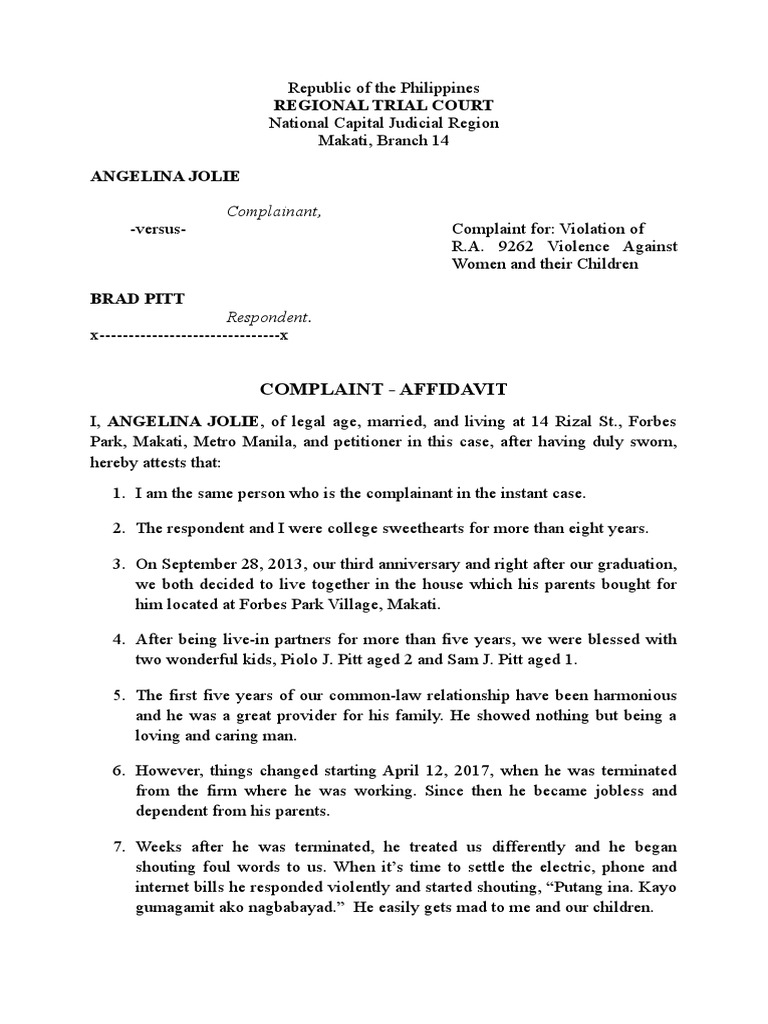 Sample VAWC Complaint | PDF | Common Law | Judiciaries
