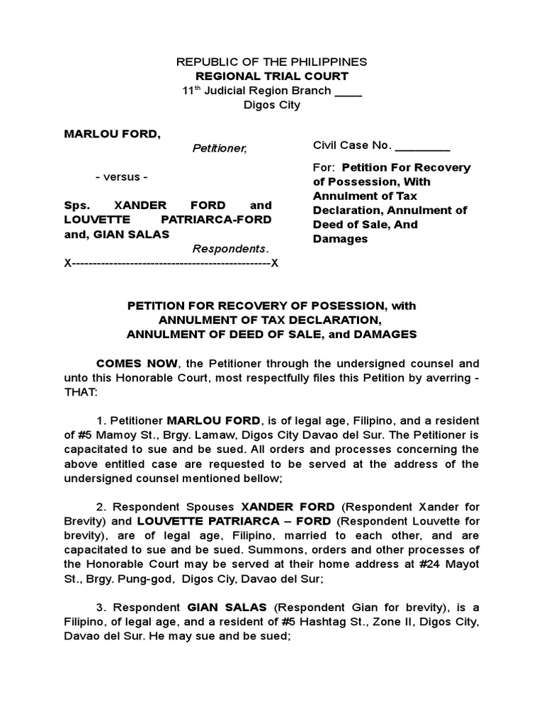 Petion for Recovery of Possession sample | Lawsuit | Notary Public