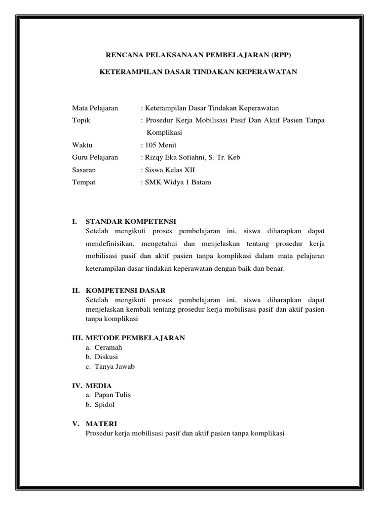 RPP KDK 1 Mobilisasi Pasif Dan Aktif | PDF