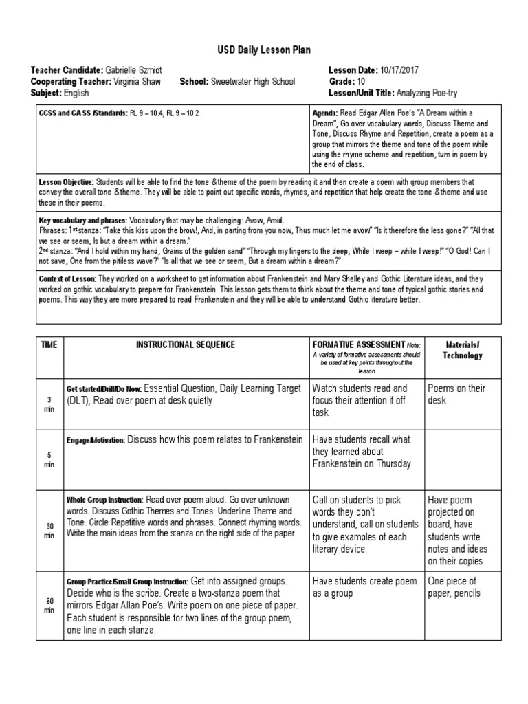 Analyzing Poe's Poetry Lesson Plan | PDF | Gothic Fiction | Poetry