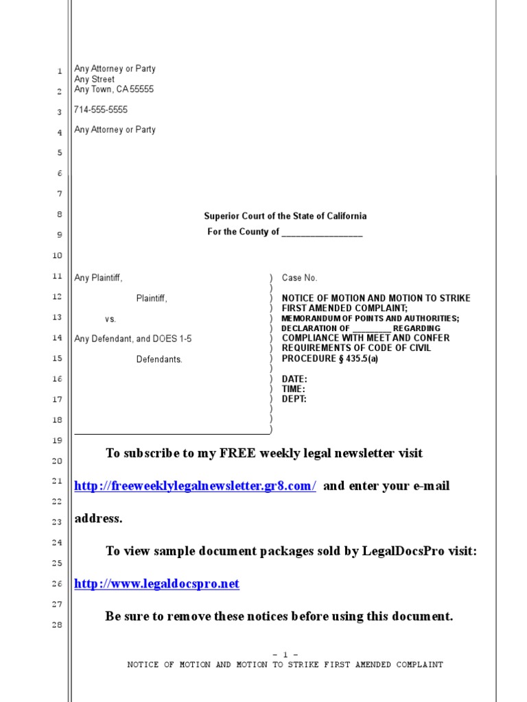 Motion to Strike Amended Complaint | PDF | Complaint | Demurrer