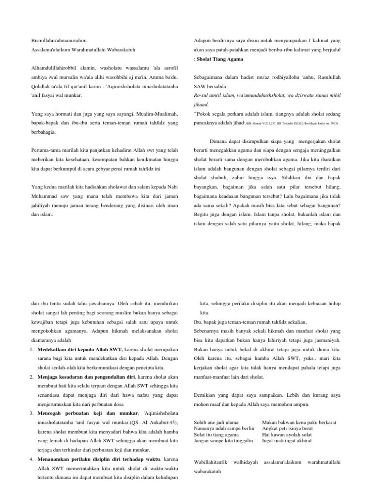 Contoh Pidato Pildacil Sholat Tiang Agama | PDF