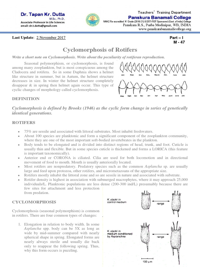 M - 47 Cyclomorphosis of Rotifers | PDF | Ploidy | Predation