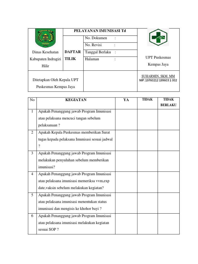 Daftar Tilik Imunisasi | PDF