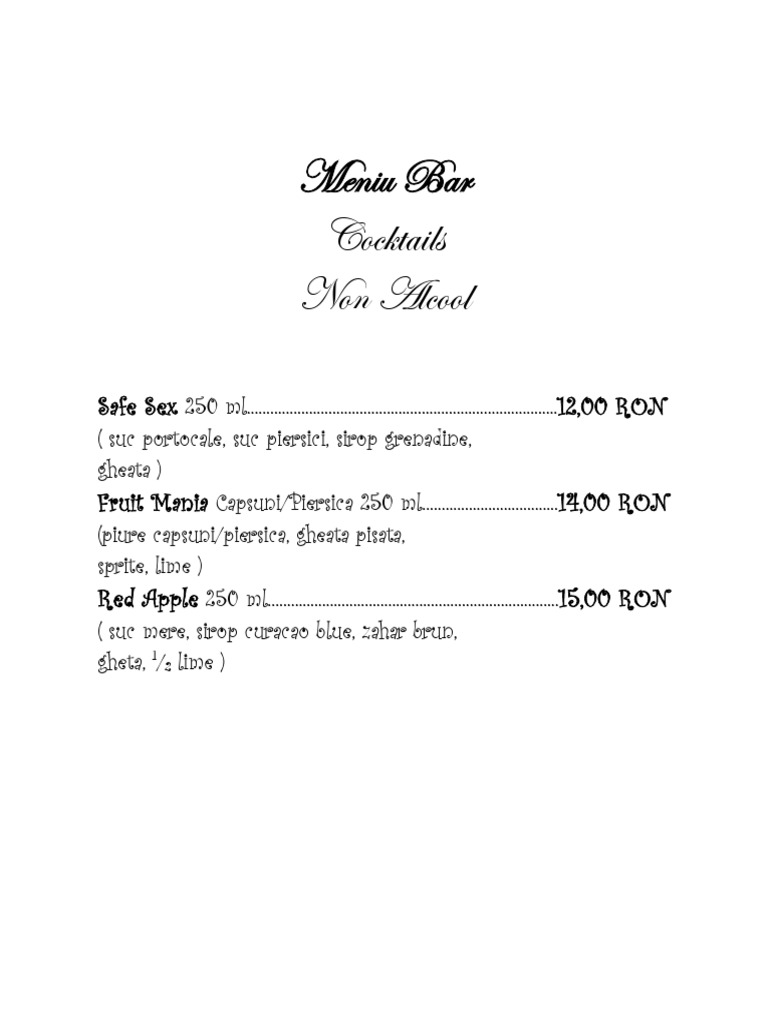 Meniu Bar | PDF | Alcoholic Drinks | Bartending