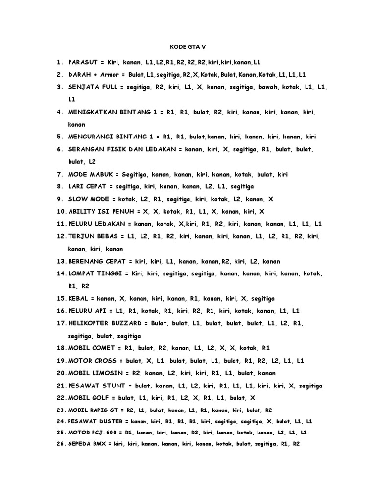 Kode Cheat GTA V Lengkap | PDF