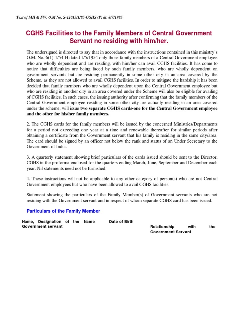 Circular Cghs Facilities For Family Member Not Residing With Govt Servant 8-7-85 | PDF | Social ...