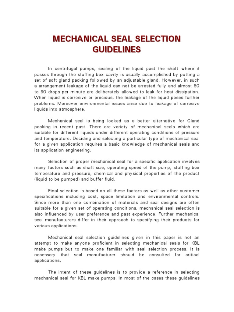 Mechanical Seal Selection | PDF | Leak | Liquids