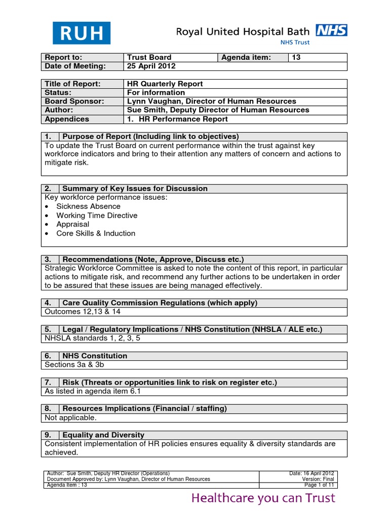 Human Resources Quarterly Report: Workforce Performance Update and Risk ...