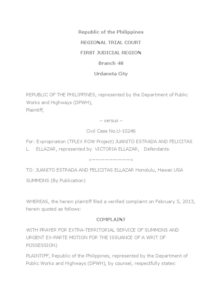 Expropriation Case for TPLEX Project | PDF | Eminent Domain | Summons